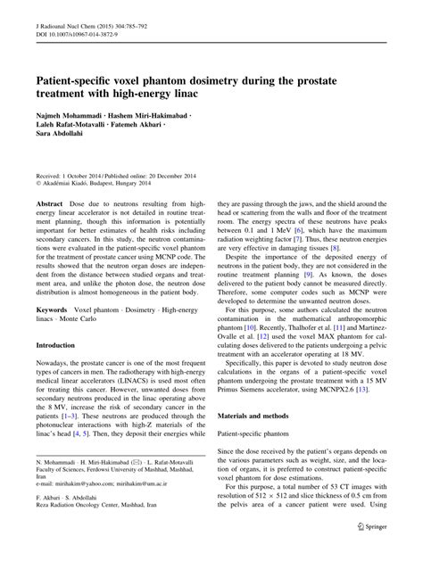 PDF Patient Specific Voxel Phantom Dosimetry During The Prostate Treatment With High Energy Linac