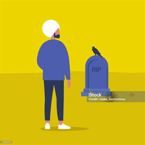 묘지 묘지 앞에 서있는 젊은 인도 남성 캐릭터 죽음과 손실 과거에 대한 스톡 벡터 아트 및 기타 이미지 과거 오래된 그리움 Istock