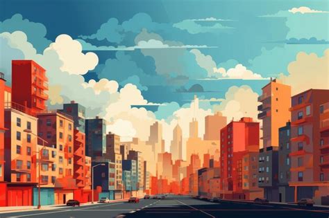 Heatwave City Flat Design Side View Urban Life Animation Complementary Color Scheme Premium Ai