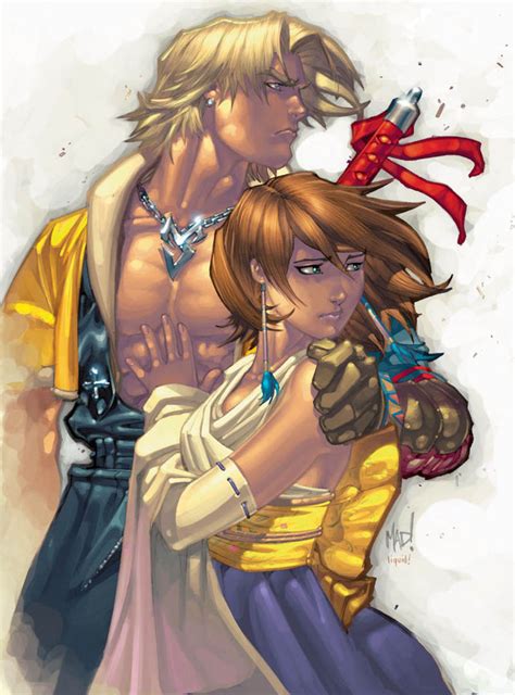 Tidus Yuna Final Fantasy Final Fantasy X 00s Blonde Hair Brown Hair Earrings Hand On