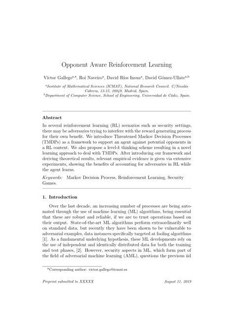 Pdf Opponent Aware Reinforcement Learning