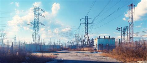 Electric Transformation At A High Voltage Substation Under A Bright Blue Sky Stock Illustration