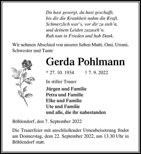 Traueranzeigen Von Gerda Pohlmann Trauer Anzeigende