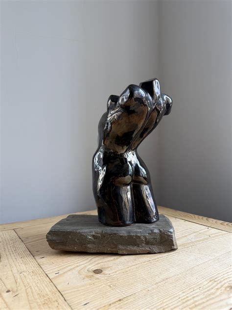 Ceramic Glazed Nude Sculpture Of A Female Torso On Stand Signed By
