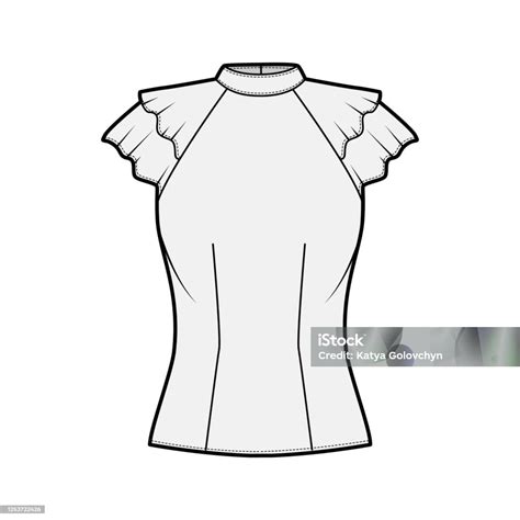 하이 네크라인 줄무늬 칼라 플러터러 프릴 쇼트 슬리브 핏 바디가 돋보이는 블라우스 테크니컬 패션 일러스트 0명에 대한 스톡 벡터