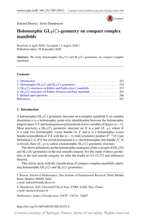 Holomorphic Text Gl 2 Mathbb C Geometry On Compact Complex Manifolds Request Pdf