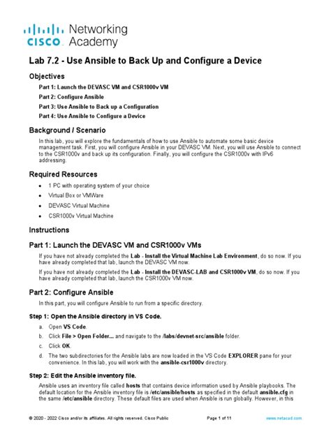 Lab 7 2 Use Ansible To Back Up And Configure A Device Pdf