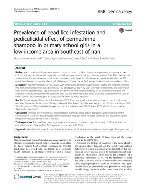 Pdf Prevalence Of Head Lice Infestation And Pediculicidal Effect Of