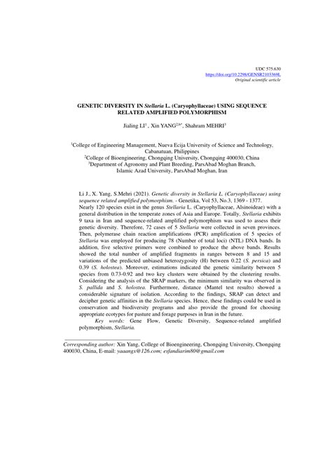 Pdf Genetic Diversity In Stellaria L Caryophyllaceae Using Sequence Related Amplified