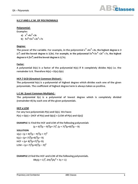 Hcf And Lcm Of Polynomials Pdf Mathematics Of Computing Applied Mathematics
