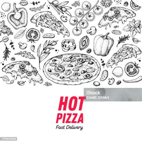 이탈리아 피자와 재료 이탈리아 음식 메뉴 디자인 템플릿 피자 메뉴 디자인 템플릿 빈티지 손으로 그린 스케치 벡터 일러스트 새겨진 이미지입니다 개체 그룹에 대한 스톡 벡터