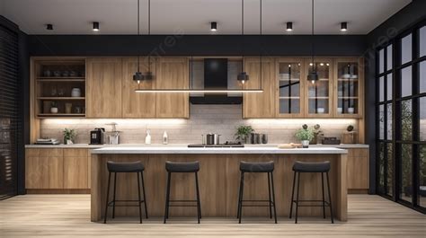 나무 캐비닛과 스툴이 있는 현대적인 주방 나무 캐비닛 디자인으로 설정된 3d 렌더링 주방 고화질 사진 사진 배경 일러스트 및 사진 무료 다운로드 Pngtree
