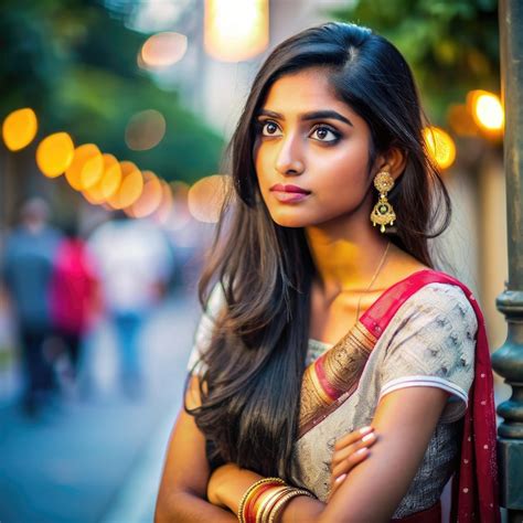 Young Indian Woman In A Saree Waiting On A City Street At Dusk