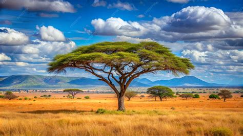 African Savannah Landscape With Acacia Tree In Tsavo East National Park
