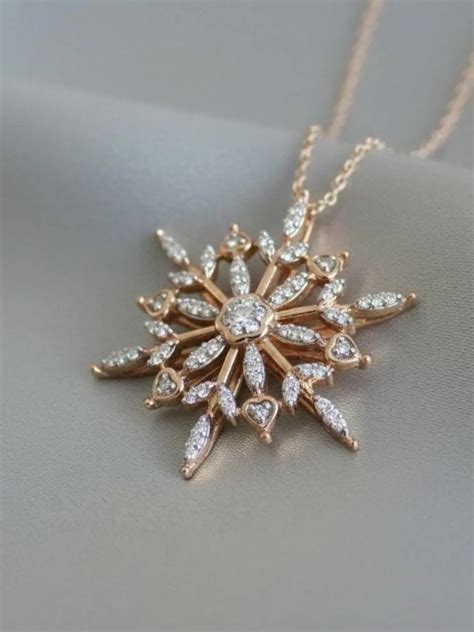14k Gold Plated Silver Snowflake Necklace Dainty Round Diamond