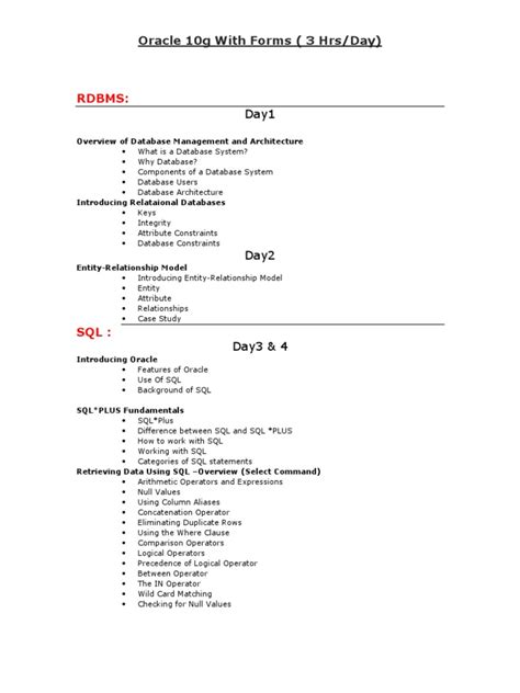 Rdbms Oracle 10g With Forms 3 Hrsday Pdf Plsql Sql