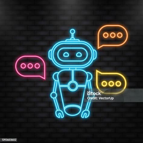 네온 아이콘 챗봇 아이콘 개념 챗봇 또는 챗터봇 웹 사이트 또는 모바일 응용 프로그램의 로봇 가상 지원 벡터 일러스트레이션