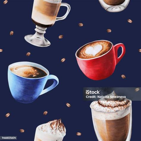 커피 만들기 도구가 있는 수채화 매끄러운 패턴 라떼 에스프레소 아메리카노 고립된 배경에 손 그림 디자이너 메뉴 상점 바 비스트로 레스토랑 엽서 포장지 커버용 포스터 및