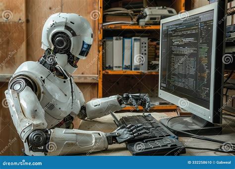 Humanoid Robot Working On A Computer Ai Generated Stock Illustration Illustration Of Office