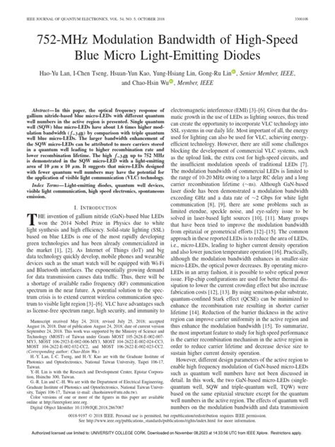 752 Mhz Modulation Bandwidth Of High Speed Blue Micro Light Emitting