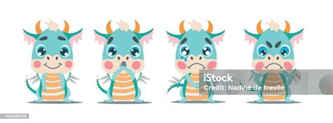 귀여운 아기 녹색 용의 감정 세트 기쁨 놀라움 슬픔과 분노 디자인 인쇄물 인사말 카드 및 패턴에 대한 벡터 일러스트레이션