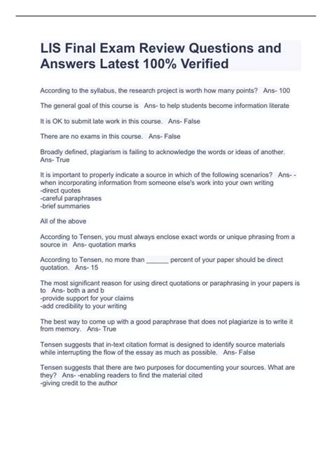 Lis Final Exam Review Questions And Answers Latest 100 Verified Lis