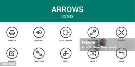 10 개의 개요 웹 화살표 아이콘 세트 위로 스 와이프 왼쪽으로 드래그 화살표 회전 아래로 드래그 확장 최소화 보고서 프리젠 테이션 다이어그램 웹 디자인 모바일 앱을위한