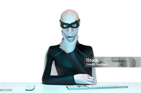 도난을 저지르는 노트북을 사용하여 마스크에 문자 해커 존 Scammer 사이버 공격과 인터넷 보안 3d 렌더링 노트북에 대한