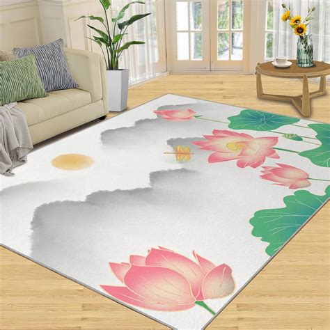 Lotus Flower Floral Area Rugs Green Lotus Leaf Ink Art Nature Landscape