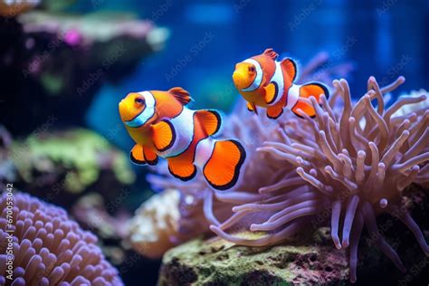 Beautiful Colorful Sea Fish Live In An Aquarium Among Various Algae And