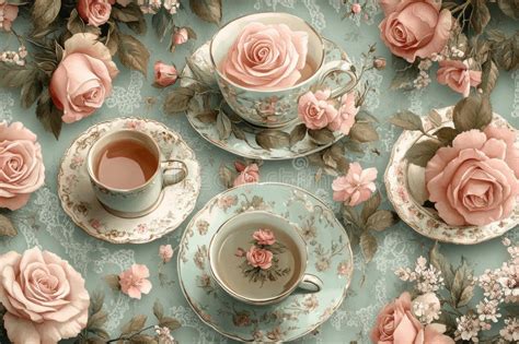 Vintage Tea Party A Nostalgic Design With Teacups Roses And Lace In
