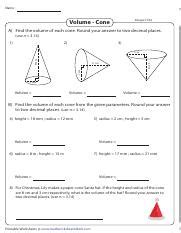 Volume Cone Integers Easy Pdf Name N Integers ES Volume Cone A Find The Volume Of Each