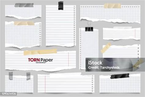 흰색 찢어진 줄 지어 종이 스트립 컬렉션 찢어진 가장자리와 접착제 테이프로 사실적인 종이 스크랩 스티커 노트 노트북 페이지의 조각 벡터 일러스트레이션 0명에 대한 스톡 벡터
