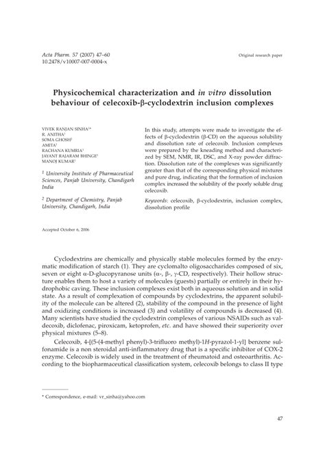 Pdf Physicochemical Characterization And In Vitro Dissolution Behaviour Of Celecoxib Beta