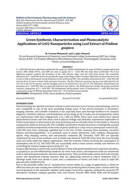 Pdf Green Synthesis Characterization And Photocatalytic Applications Of Ceo2 Nanoparticles