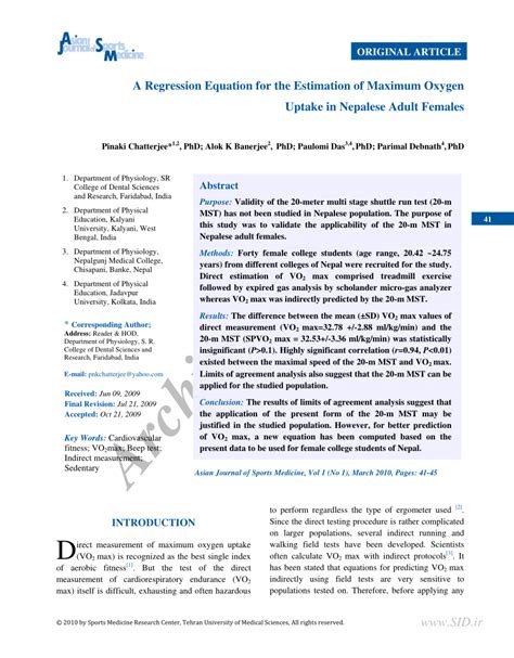 Pdf A Regression Equation For The Estimation Of Maximum Oxygen Uptake In Nepalese Adult Females
