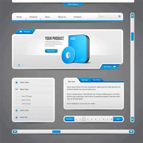 Web UI Controls Elements Gray And Blue On Dark Background Navigation Bar Buttons Slider