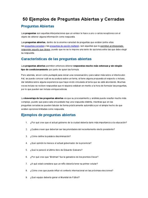 50 Ejemplos De Preguntas Abiertas Y Cerradas