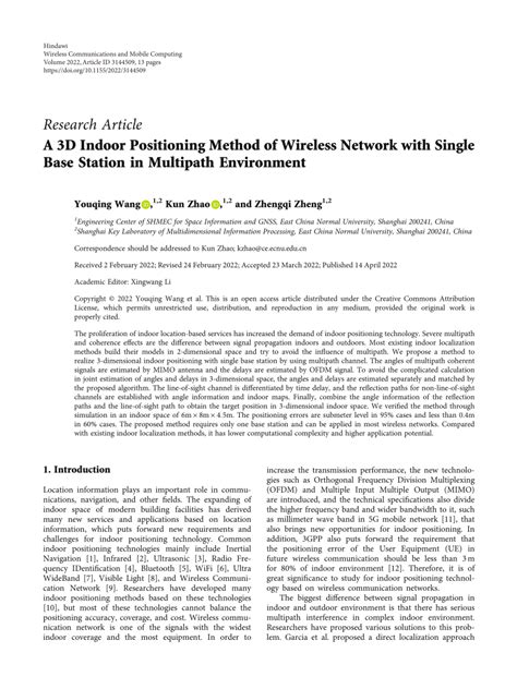 Pdf A 3d Indoor Positioning Method Of Wireless Network With Single Base Station In Multipath
