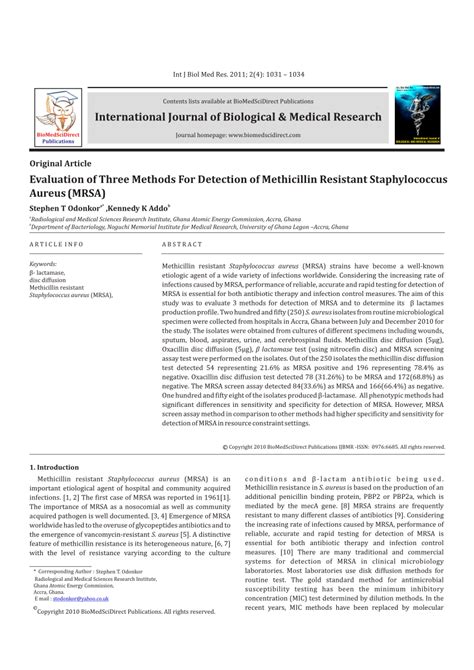 Pdf Evaluation Of Three Methods For Detection Of Methicillin Resistant Staphylococcus Aureus
