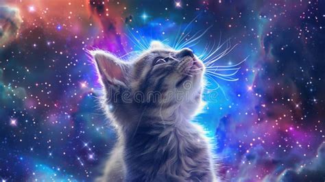 Cute Cat Kitten Kitty Feline In A Beautiful Cosmic Starry Sky Deep Space Background Stock Image