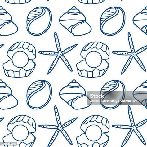 불가사리와 조개를 특징으로 하는 심리스 항해 패턴 블루 두들 스타일 배경 주제에 대한 스톡 벡터 아트 및 기타 이미지 배경 주제 여름 컷아웃 Istock