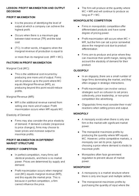Profit Maximization And Output Decisions Notes Lesson Profit