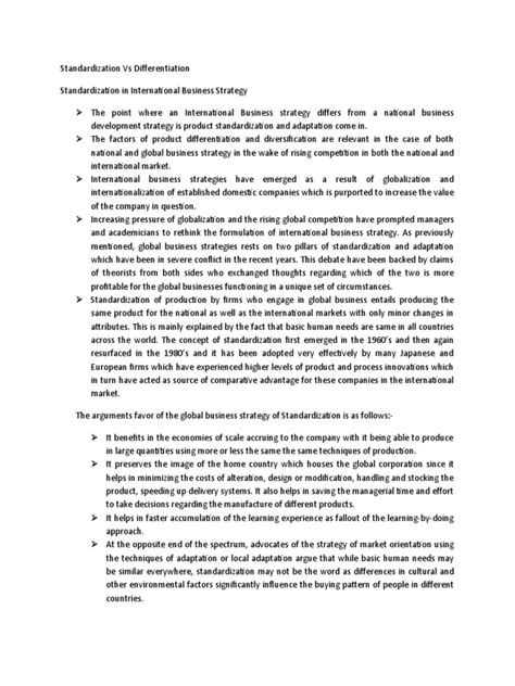 Standardization Vs Differentiation Pdf Strategic Management Marketing