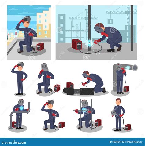 Welder Worker Character In Protective Helmet And Uniform Welding