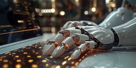 Robotic Hand Typing On Keyboard In Futuristic Workspace With Advanced Technology And Ai