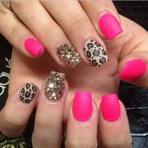 Pink And Cheetah Print Nails Hot Pink Glitter Nail Designs