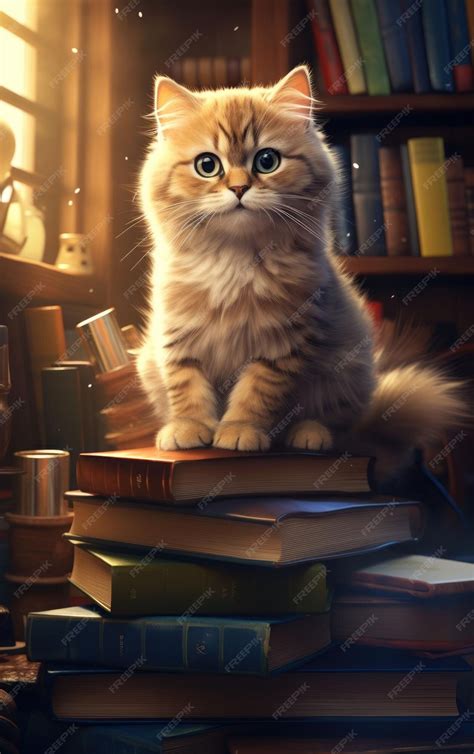 Premium Photo Literary Cat On Bookshelf