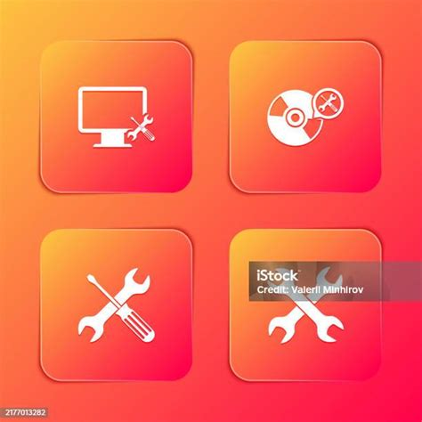 컴퓨터 모니터 서비스 Cd Dvd 디스크 십자 드라이버 렌치 및 렌치 아이콘을 설정합니다 벡터 건설 기계류에 대한 스톡 벡터 아트 및 기타 이미지 Istock