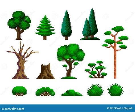 Pixel Forest Set Trees Bushes And Grass Sprite Asset Retro 8 Bit Video Game Ui Elements Stock